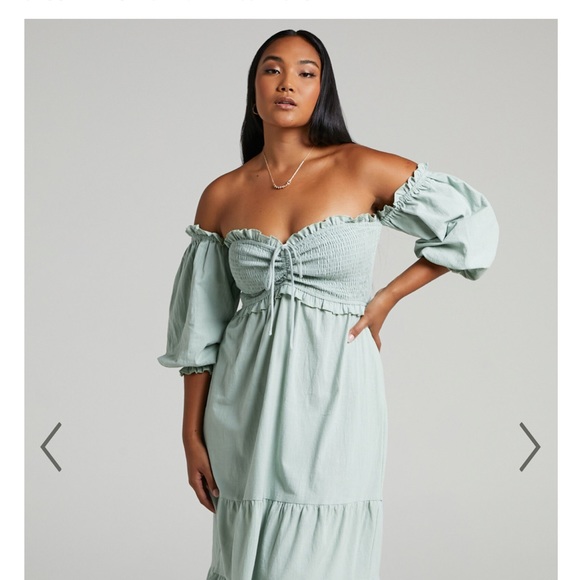 Showpo. | Dresses | Showpo Nikka Midi Dress Shirred Off Shoulder Puff ...